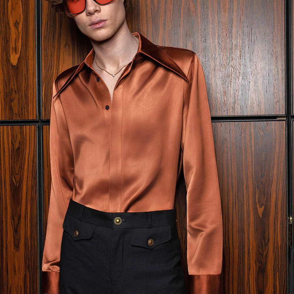 Copper Orange Satin Statement Dagger Collar Shirt & Phix