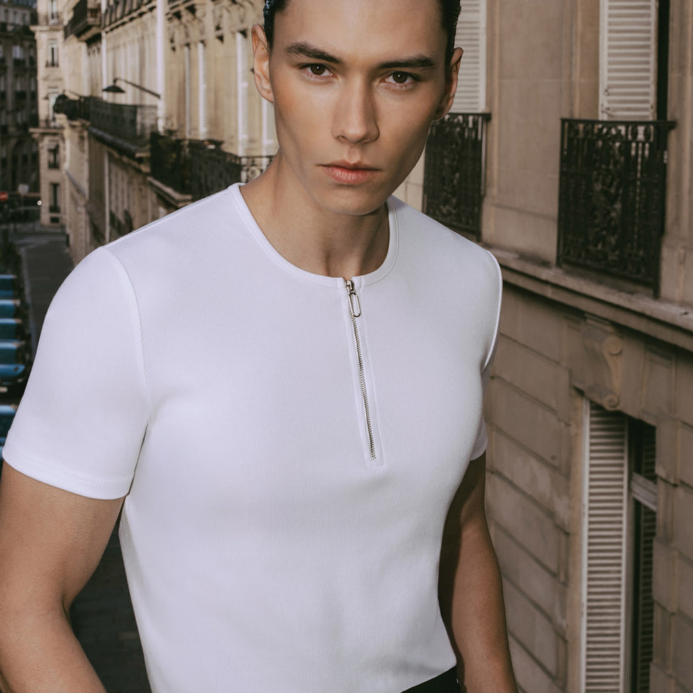 White Ribbed Cotton Henley Zip T-Shirt & Phix