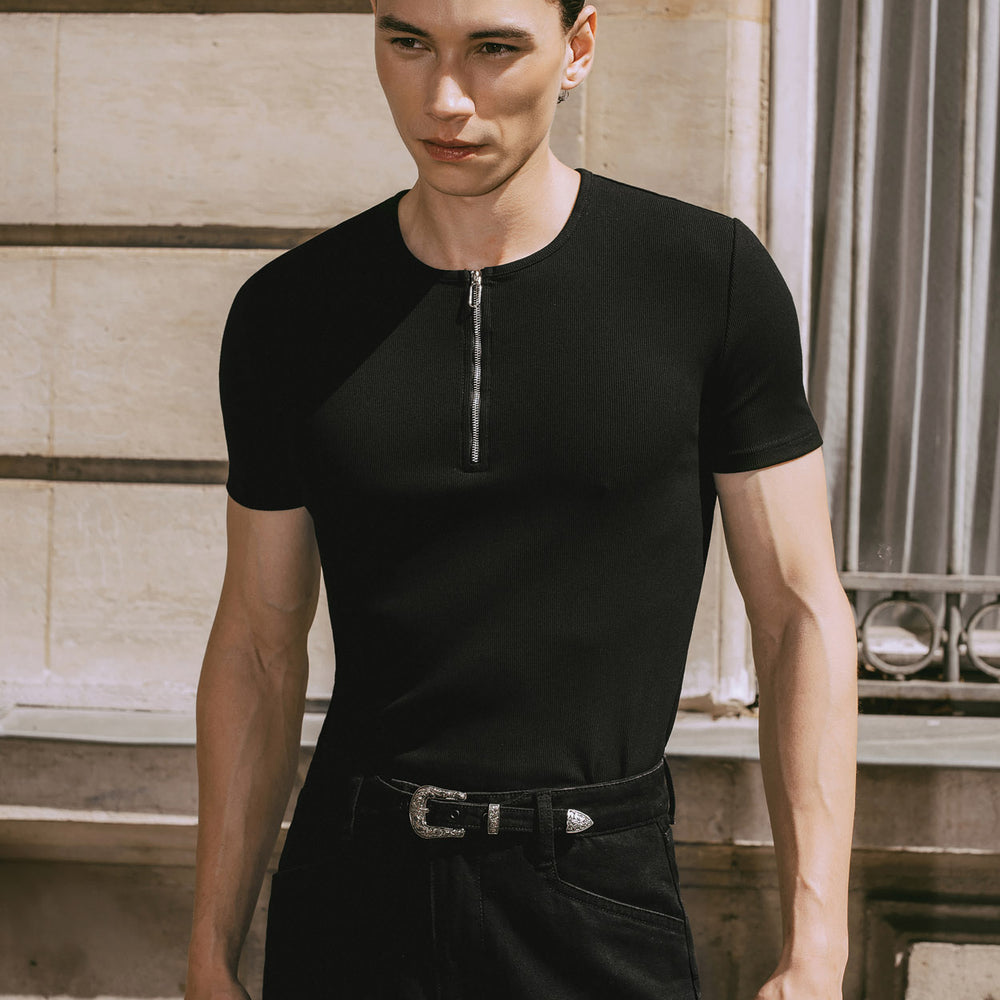 Black Ribbed Cotton Henley Zip T-Shirt & Phix