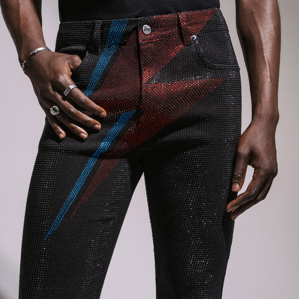 Phix X David Bowie Men's Black Rhinestone Lightning Bolt Flared Jeans ...