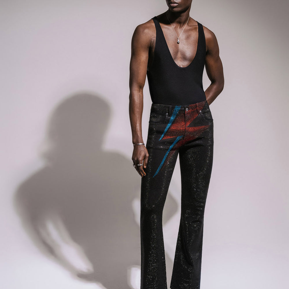 Phix X David Bowie Men's Black Rhinestone Lightning Bolt Flared Jeans ...