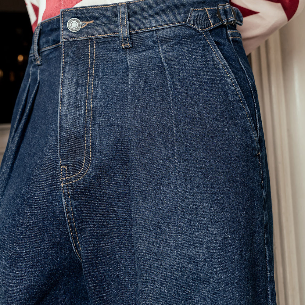 Washed Indigo Denim Pleated Wide Leg Buckle Flare Jean & Phix