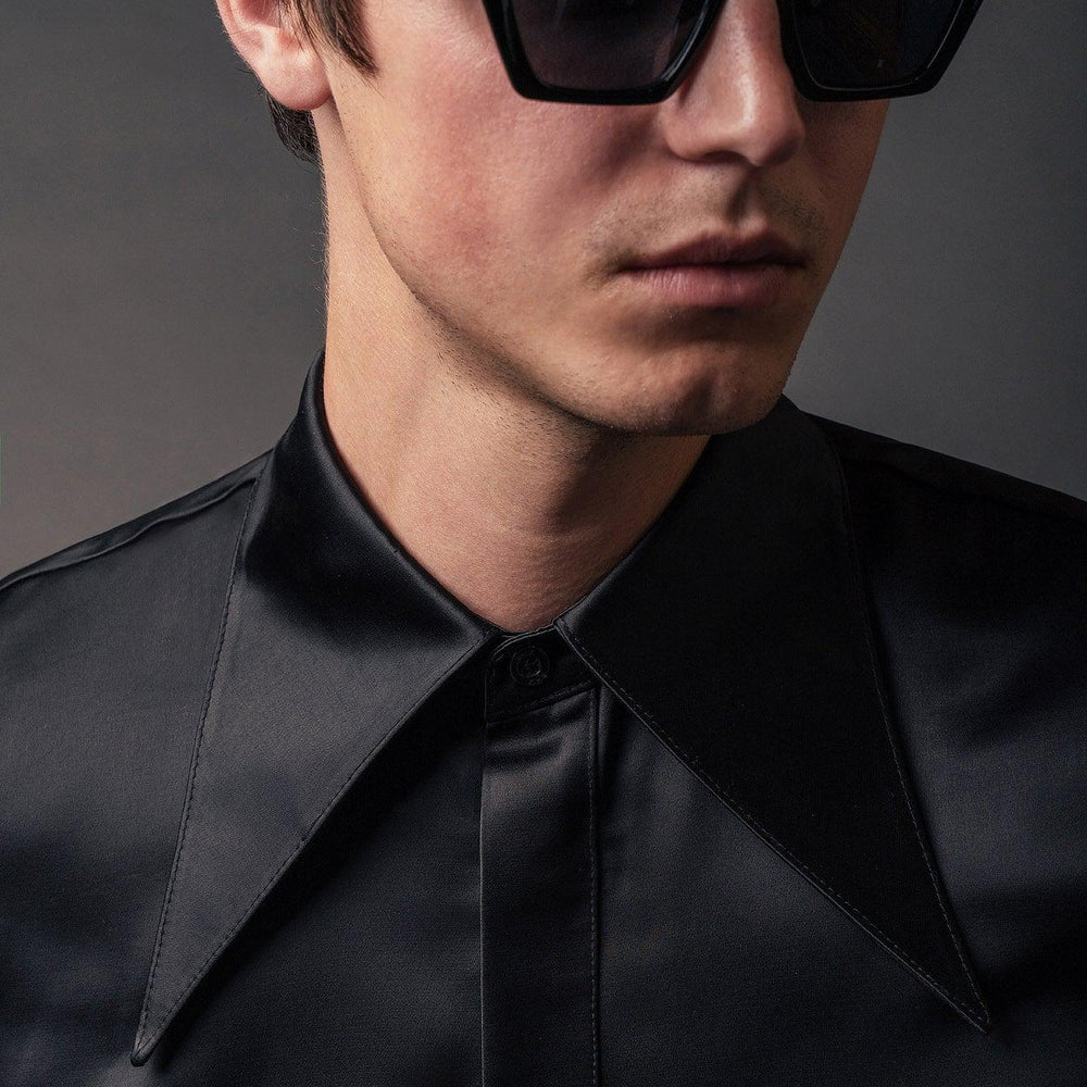 Black Satin Oversize Dagger Collar Shirt & Phix