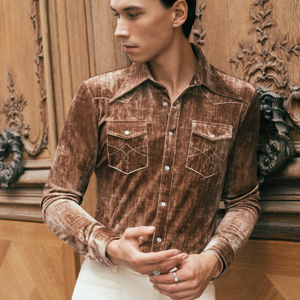 Brown Velvet 70s Western Dagger Collar Shirt & Phix