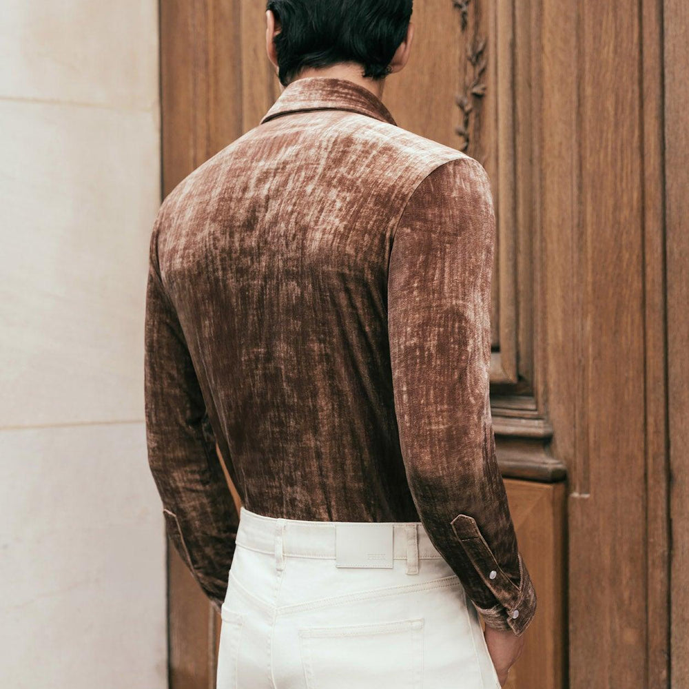 Brown Velvet 70s Western Dagger Collar Shirt & Phix