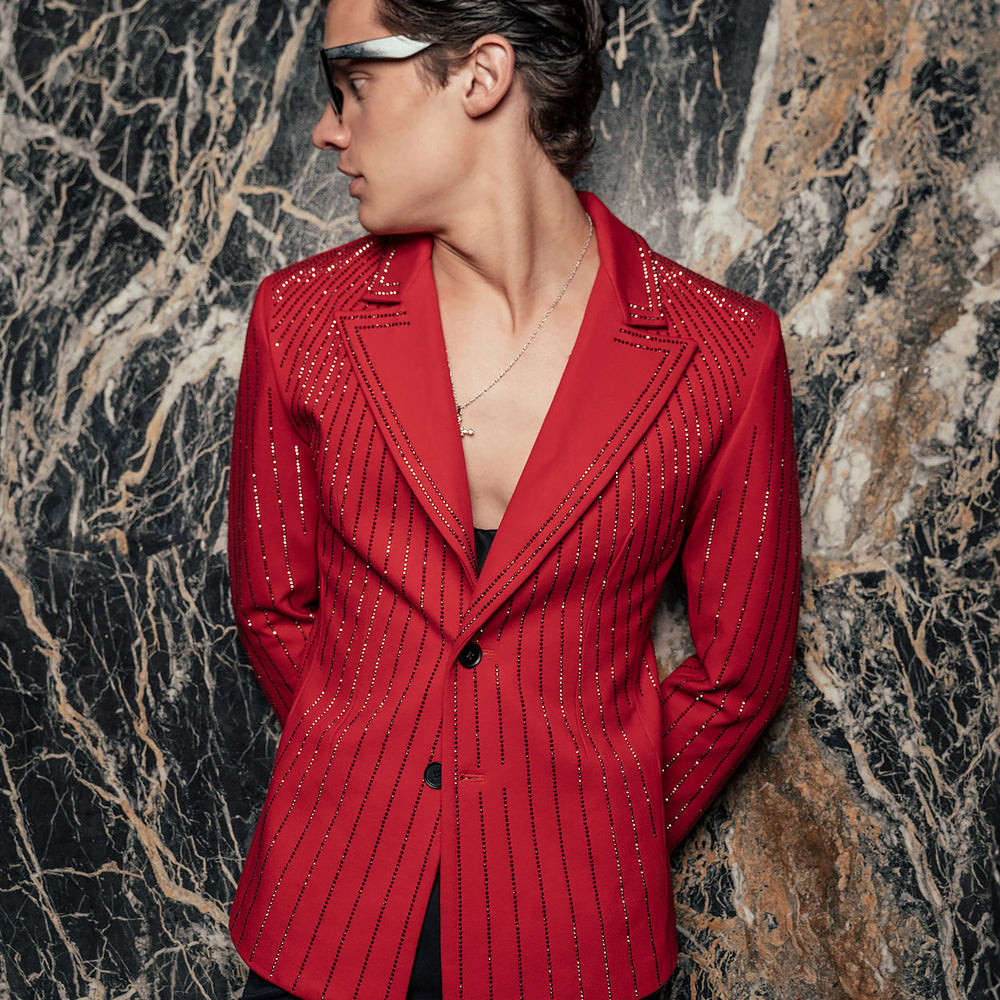 RED EMBELLISHED RHINESTONE SEQUIN BLAZER & Phix