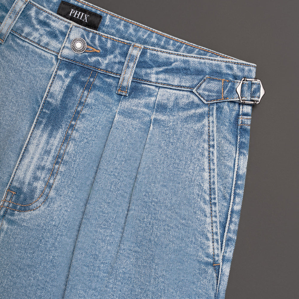 Light Wash Pleated Buckle Wide Leg Flare Jean & Phix