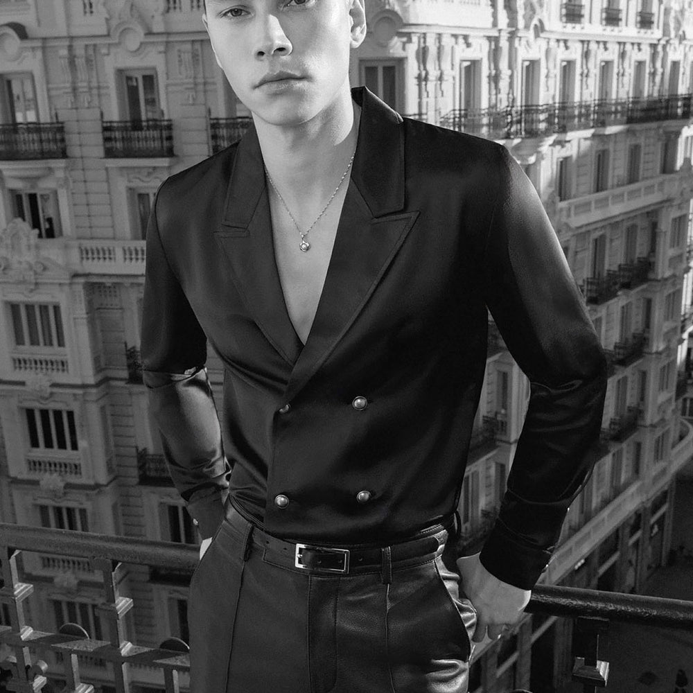 Black Satin Double Breasted Silver Button Shirt & Phix