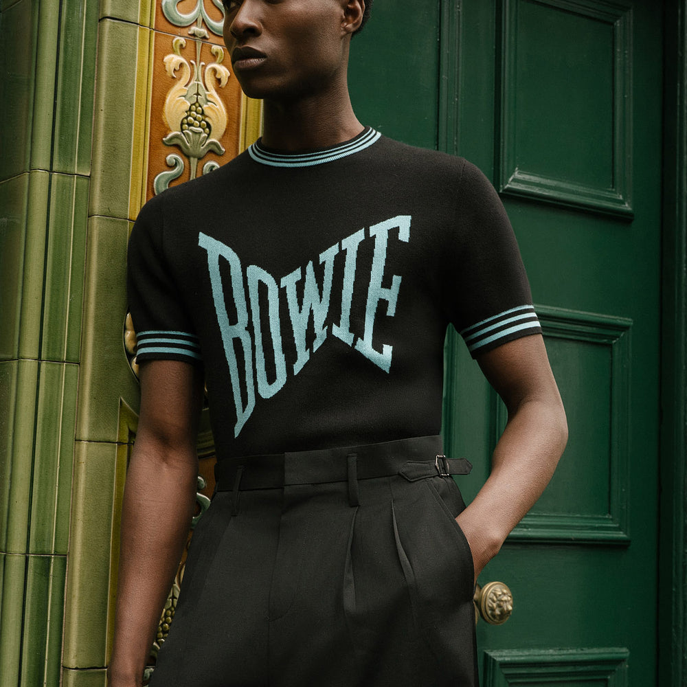 Phix X David Bowie Exaggerated Logo Blue Knitted Polo & Phix