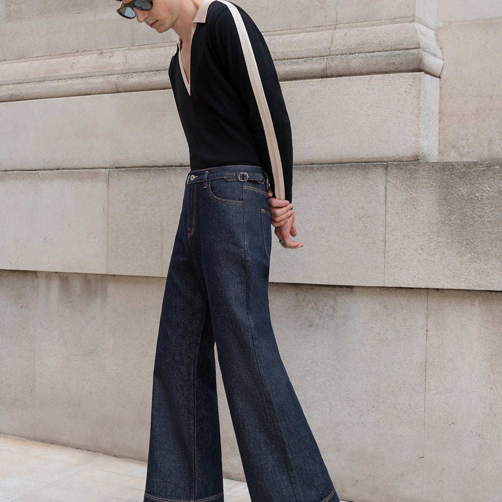 Raw Denim Indigo High Waisted Buckle Flare Jean & Phix