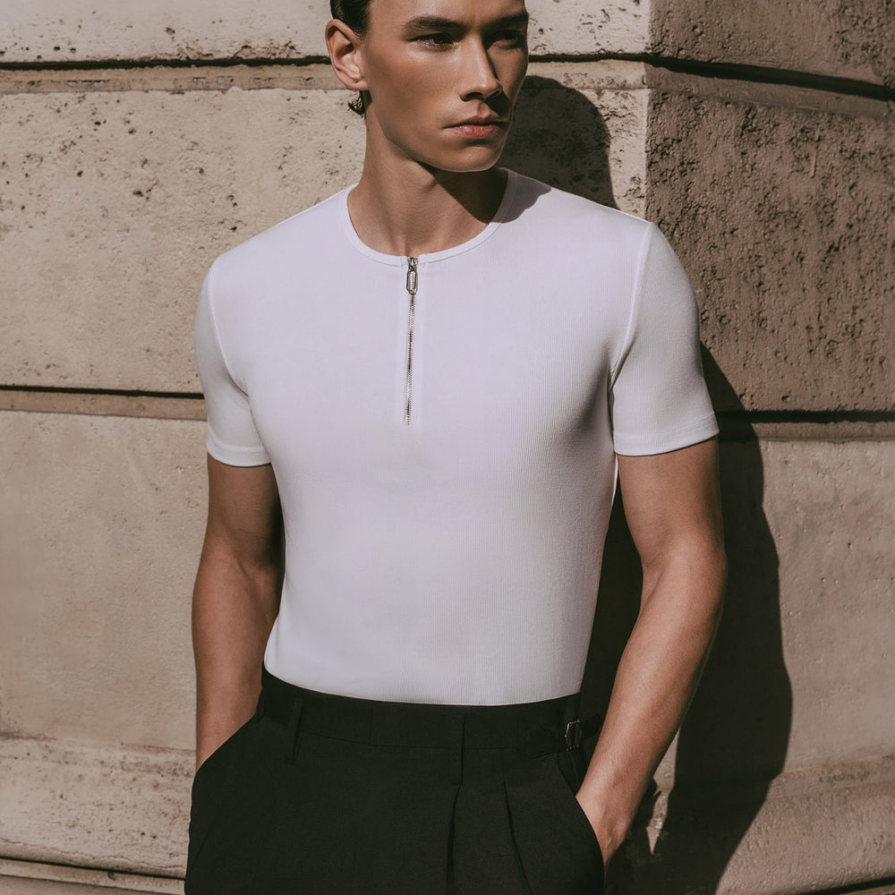 White Ribbed Cotton Henley Zip T-Shirt & Phix