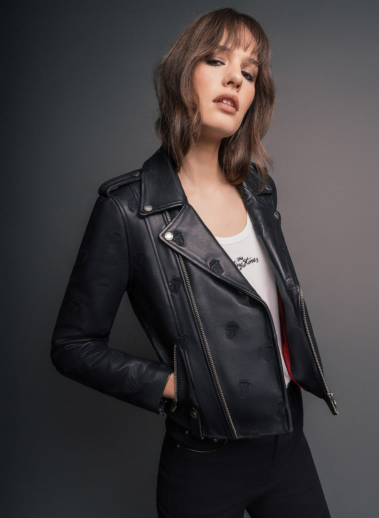 Womens Phix X Rolling Stones Tongue Embroidered Leather Biker Jacket & Phix
