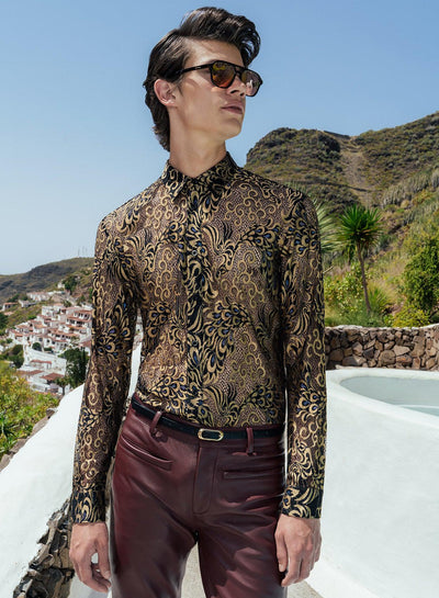 Black Lace Gold Short Sleeve Cuban Peacock Shirt & Phix