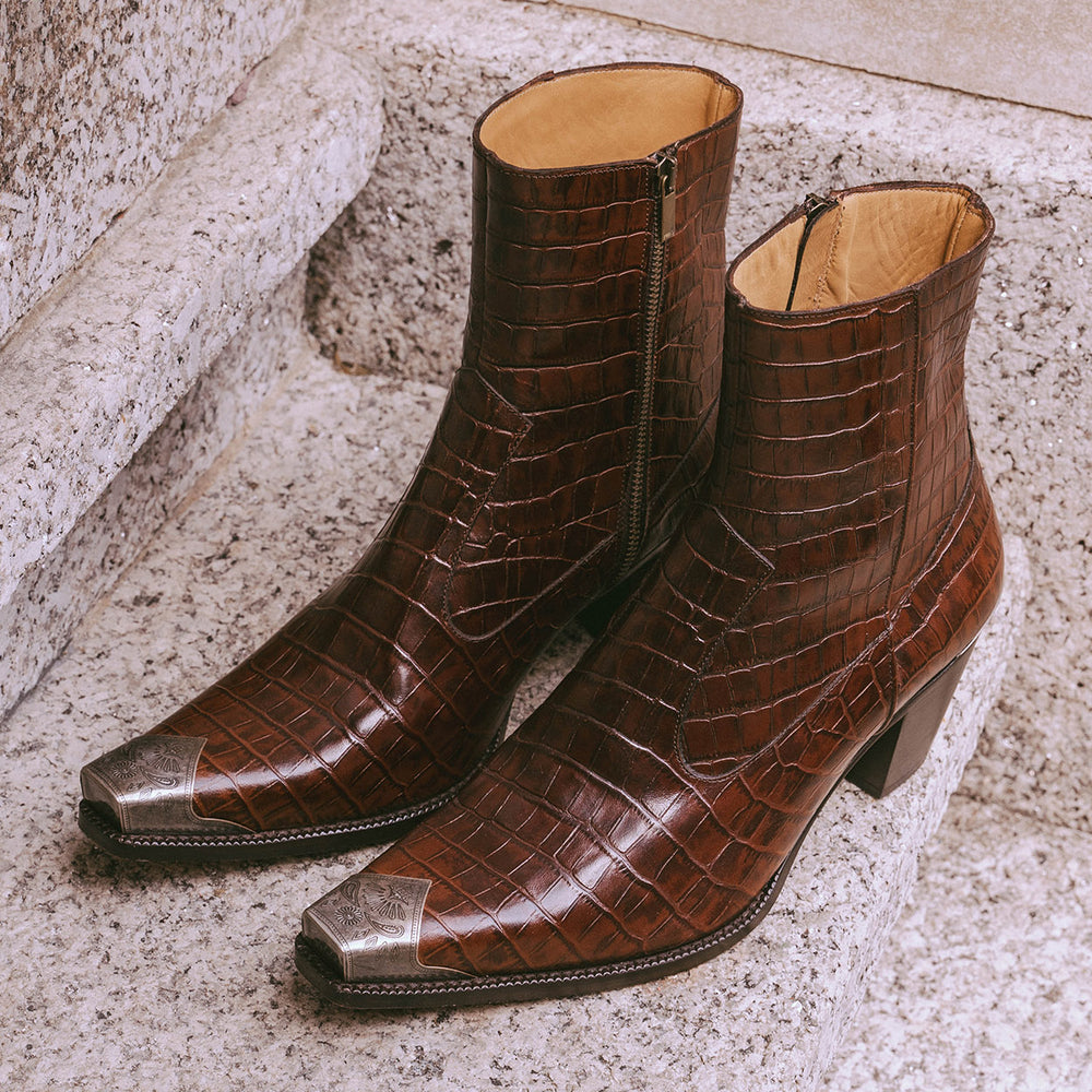 Brown Western Croc Effect Metal Toe 60mm Boot & Phix