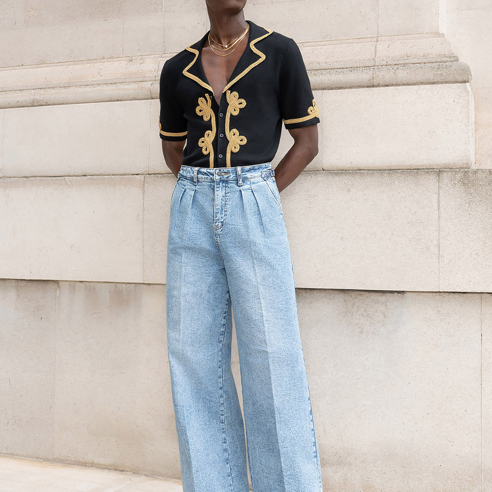 Light Wash Pleated Buckle Wide Leg Flare Jean & Phix