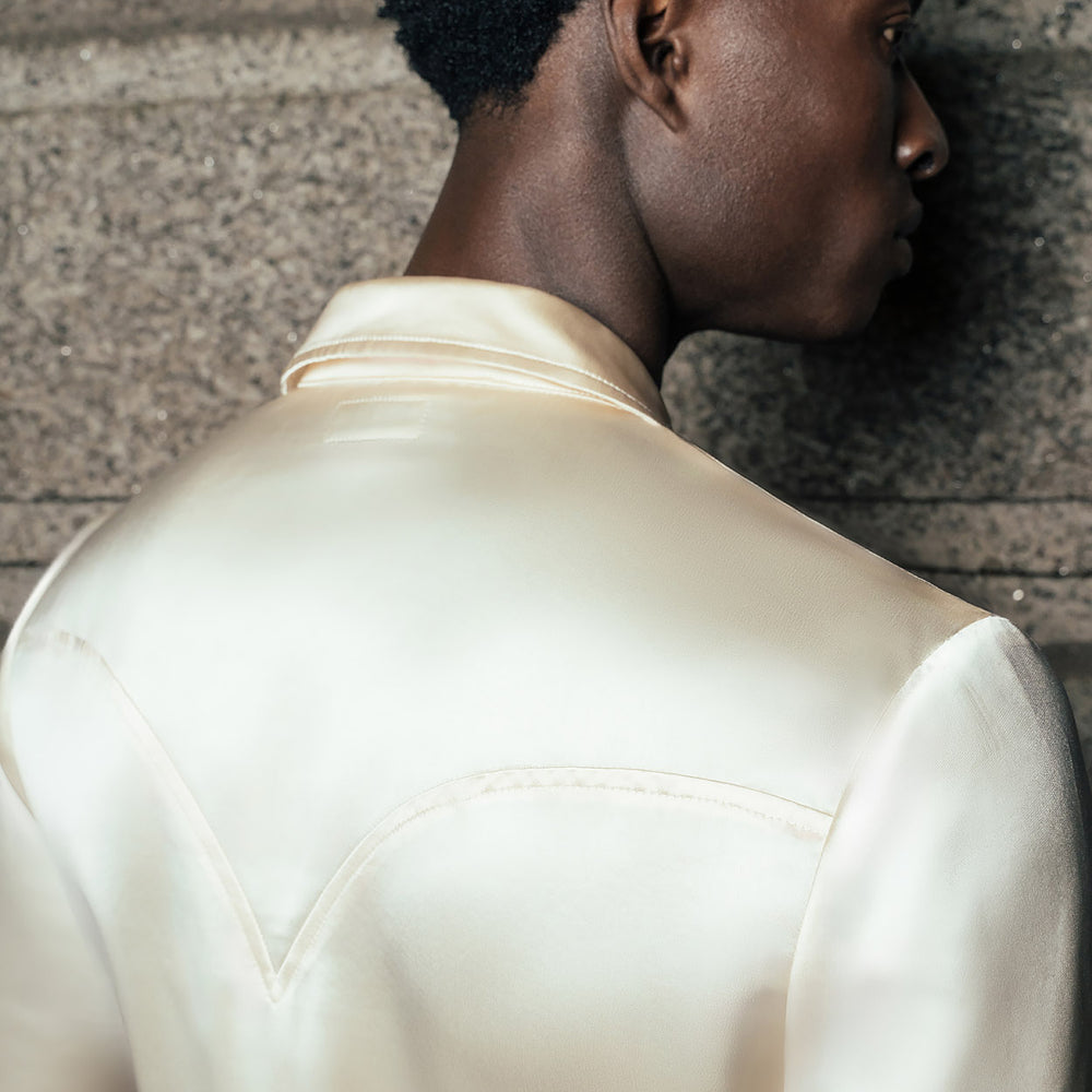 Pearl Satin Double Breasted Silver Button Shirt & Phix