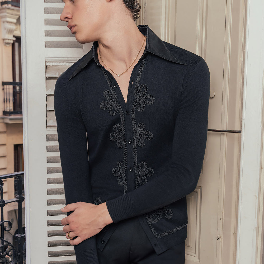 Black Embroidery Satin Collar Long Sleeve Cotton Polo & Phix