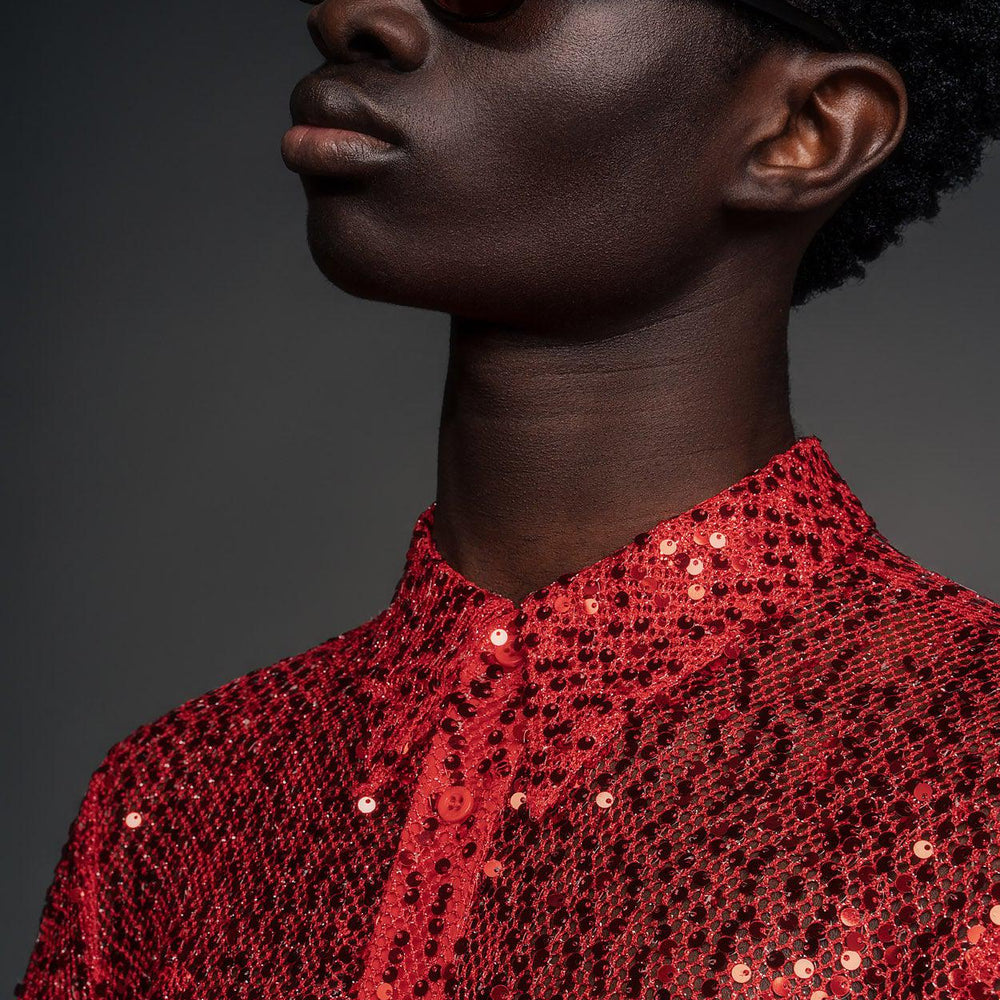 Red Long Sleeve Semi Sheer Sequin Shirt & Phix
