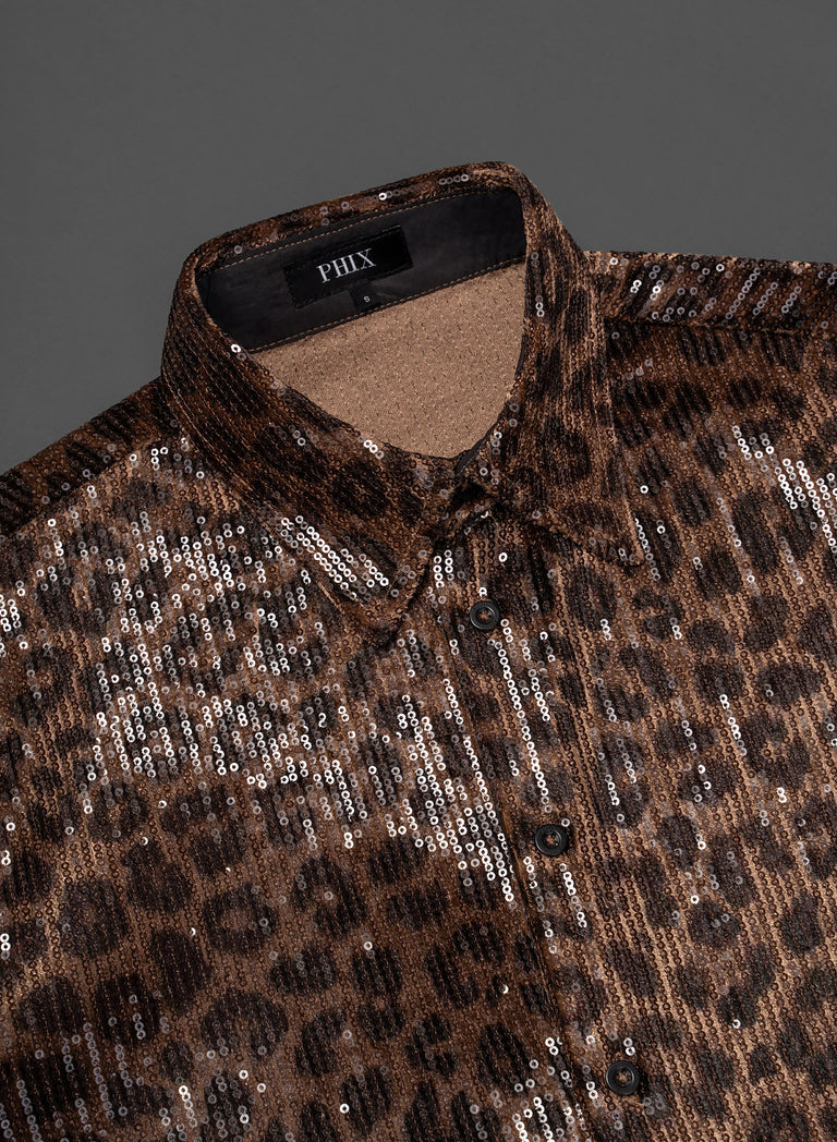 Brown Leopard Print Sequin Embellished Shirt & Phix