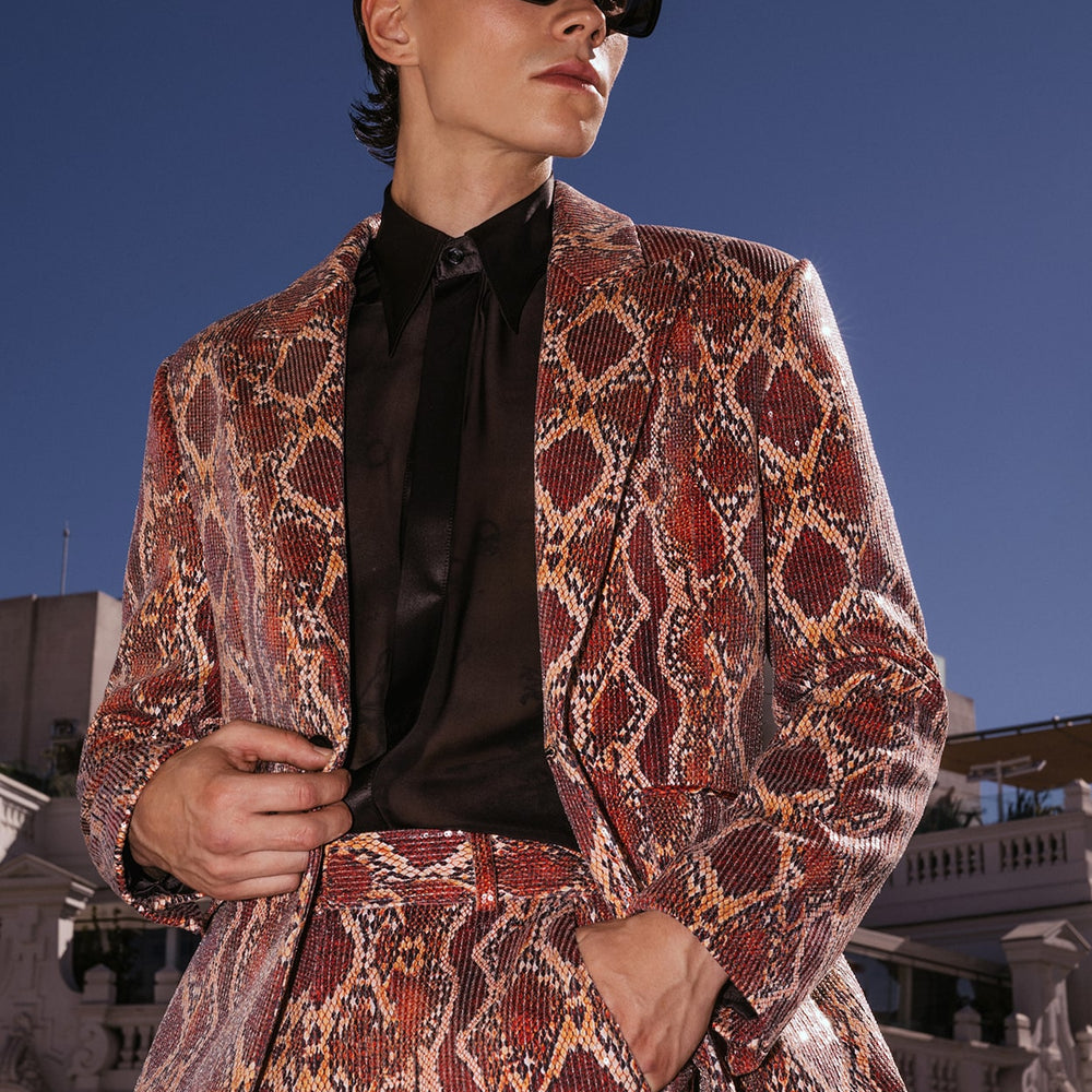 Red Snake Effect Sequin Flare Trousers & Phix